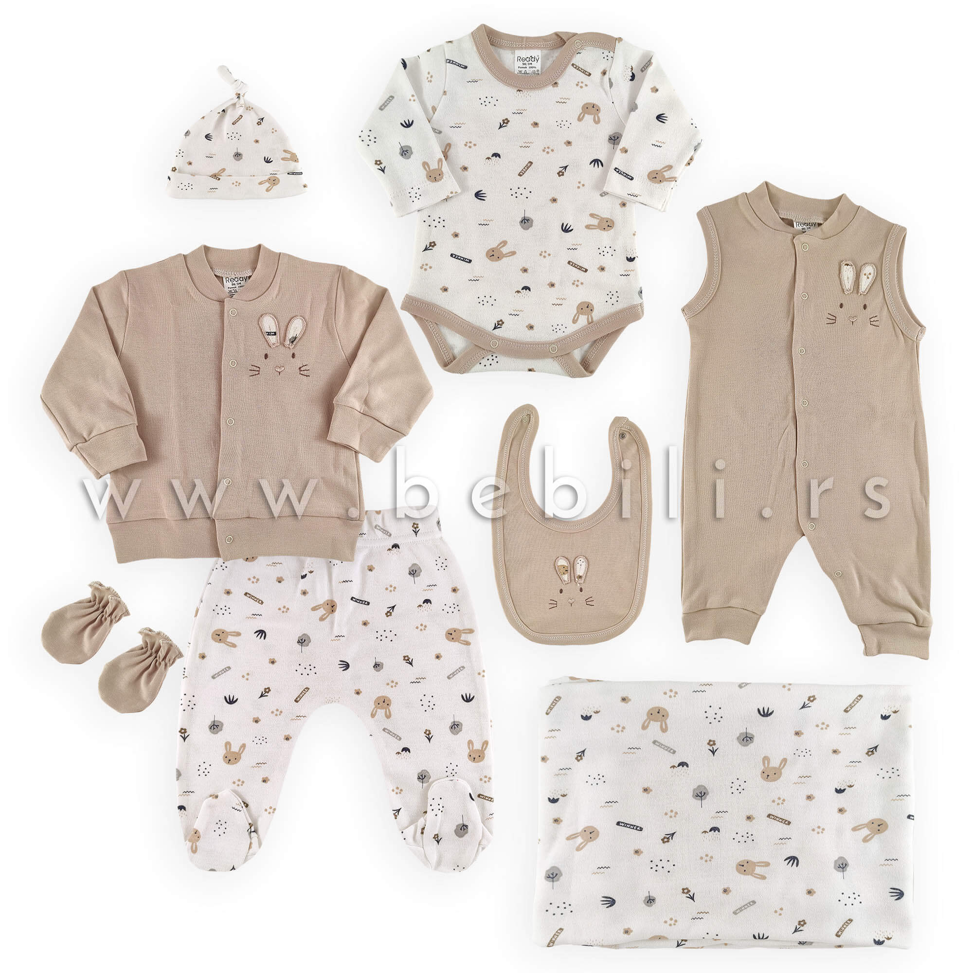 Ready pamučni set za bebe 8 delova bež - Bebili